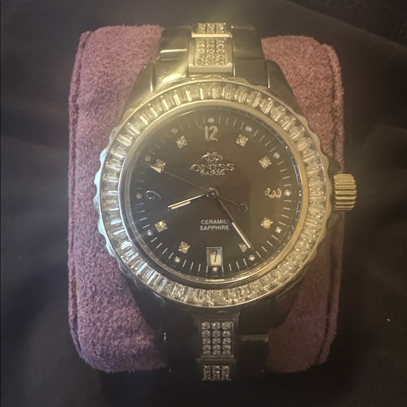 oniss | Accessories | Oniss Black Silver Watch With Crystal Accents ...